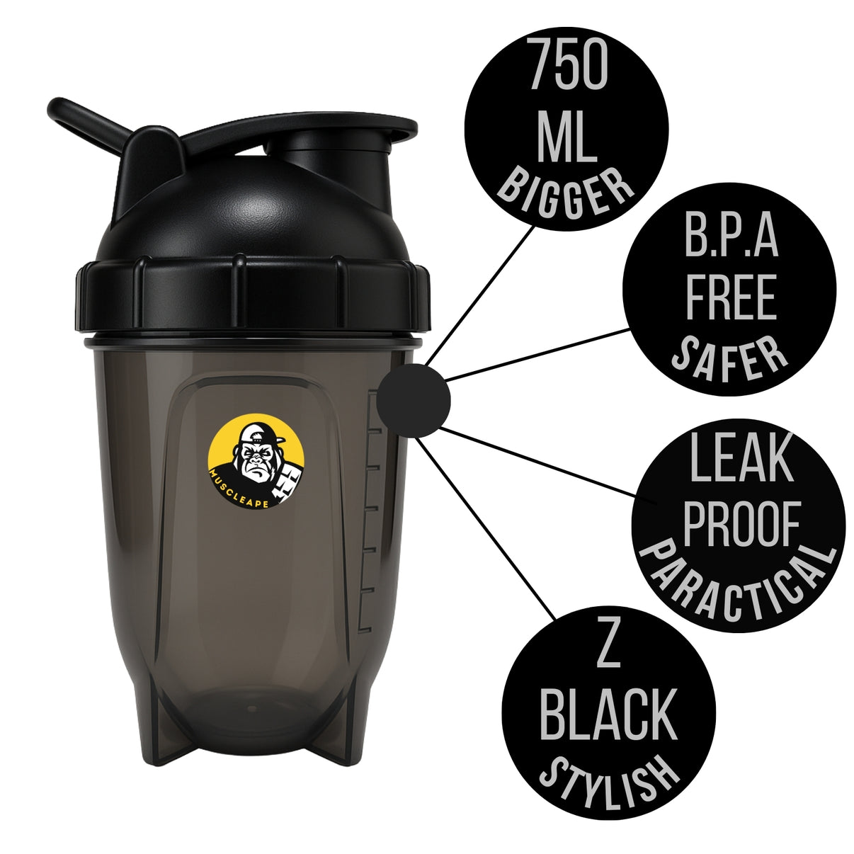 Muscleape Black Bullet shaker for protein shake protein shaker bottle